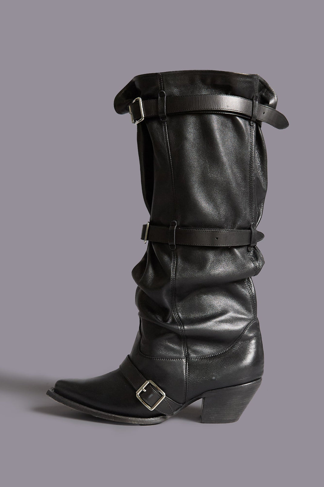 BUCKLED-UP SLOUCH COWBOY BOOT - BLACK - R13