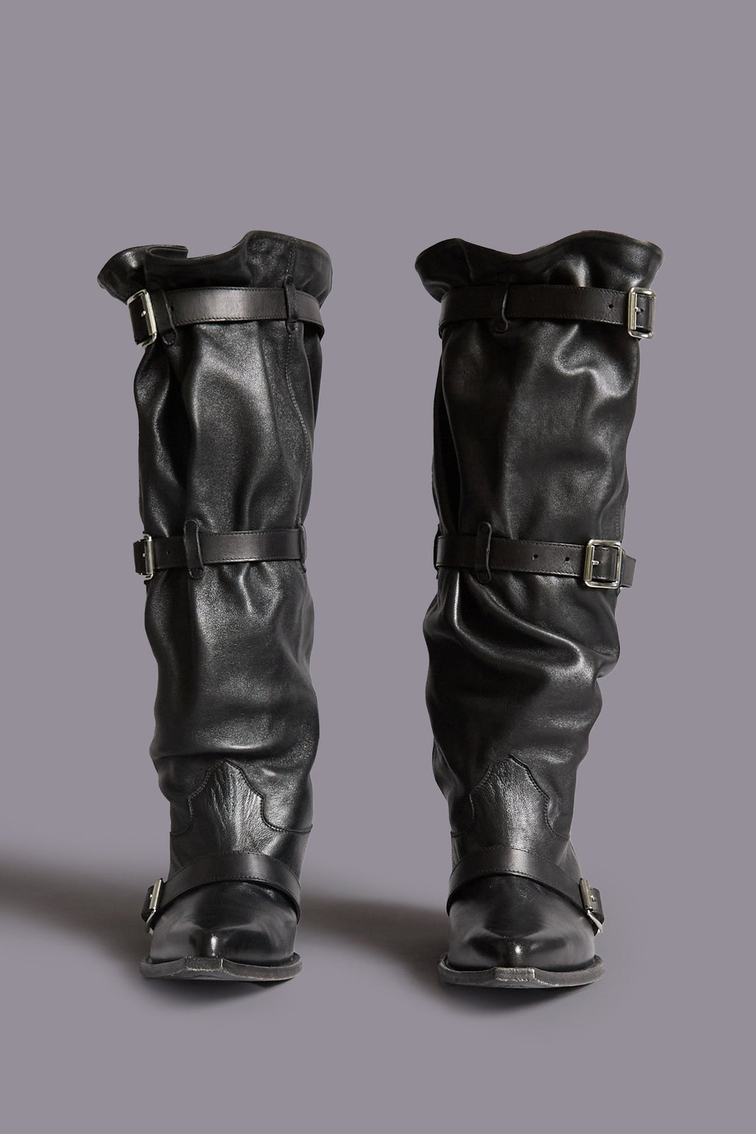 BUCKLED-UP SLOUCH COWBOY BOOT - BLACK - R13