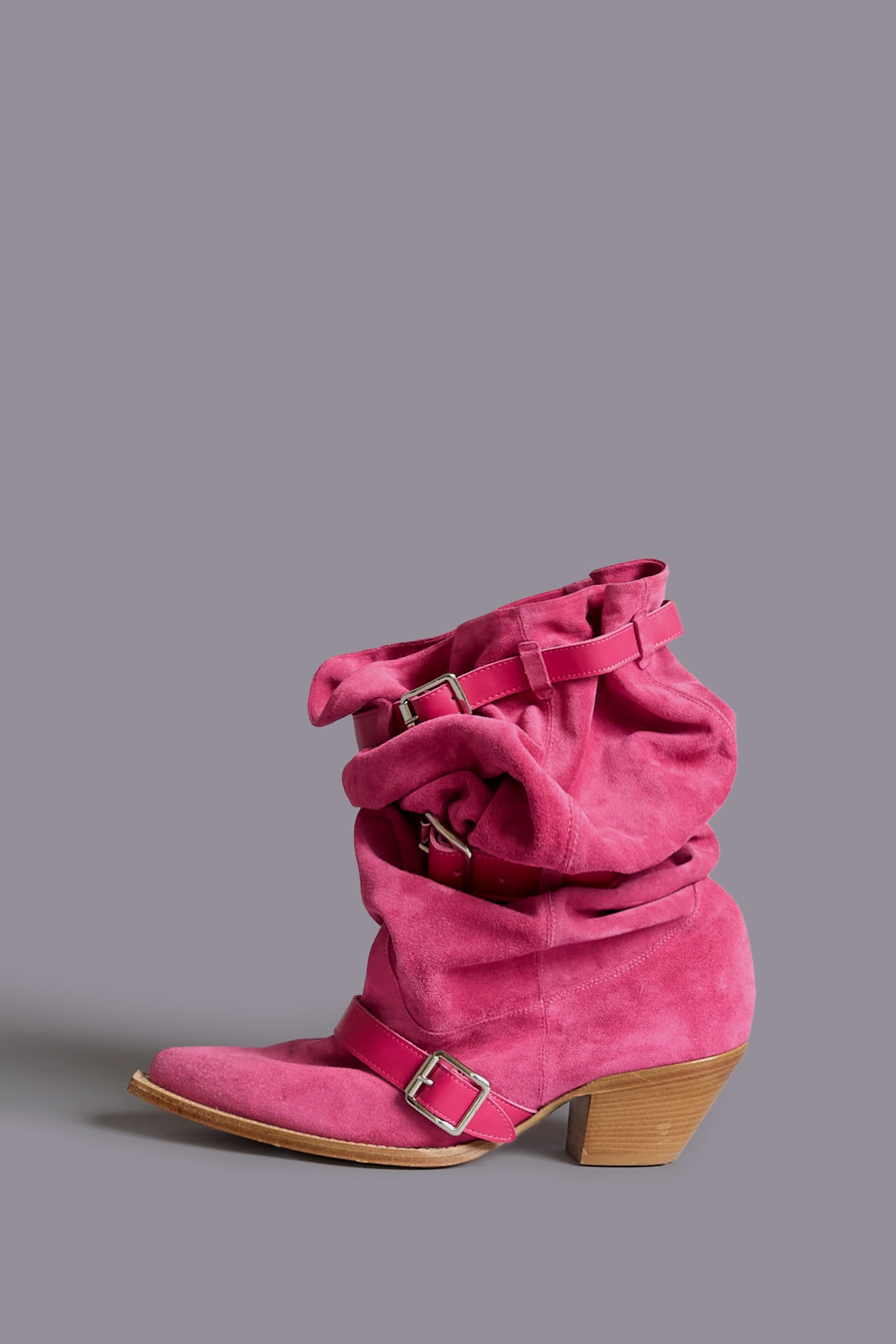 BUCKLED-UP SLOUCH COWBOY BOOT - BRIGHT PINK SUEDE - R13