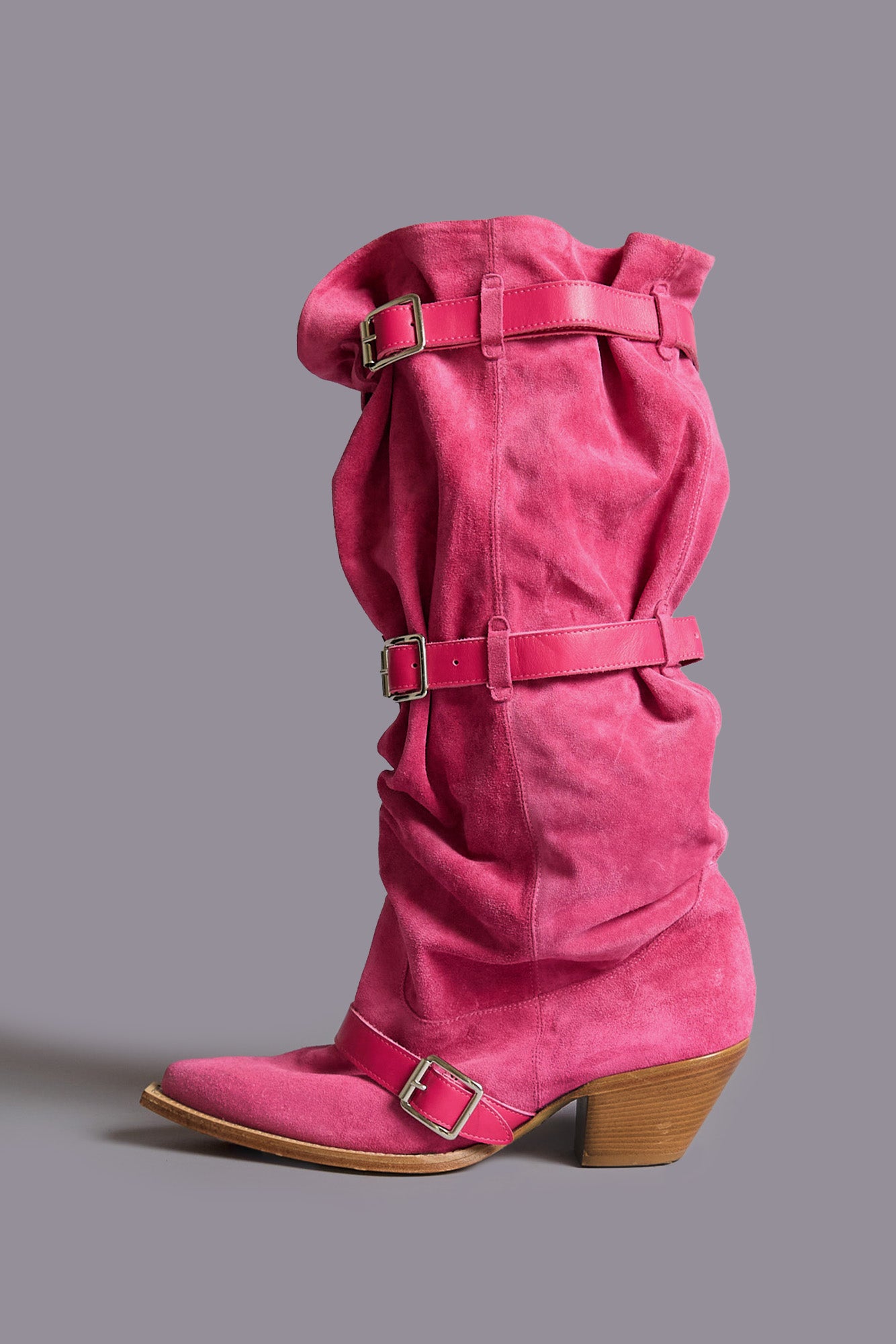 BUCKLED-UP SLOUCH COWBOY BOOT - BRIGHT PINK SUEDE - R13