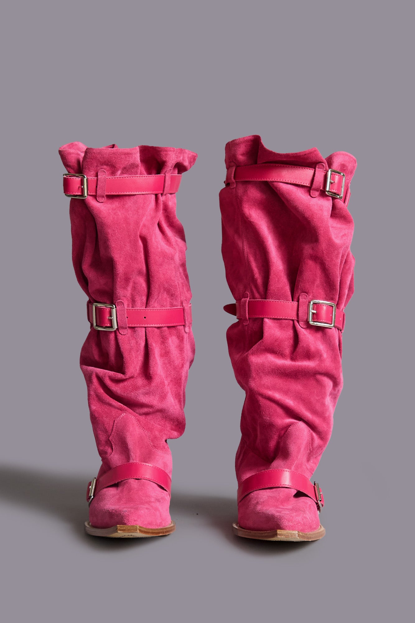 BUCKLED-UP SLOUCH COWBOY BOOT - BRIGHT PINK SUEDE - R13