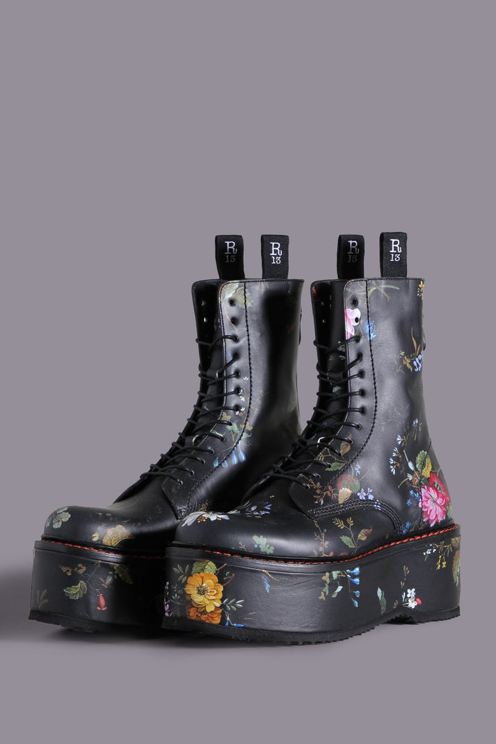 DOUBLE STACK BOOT - BLACK FLORAL - R13 COMBAT BOOTS