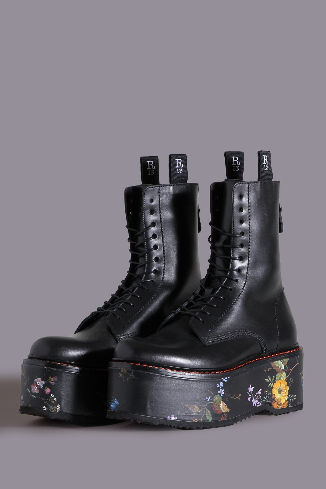 DOUBLE STACK BOOT - BLACK WITH FLORAL PLATFORM - R13 COMBAT BOOTS
