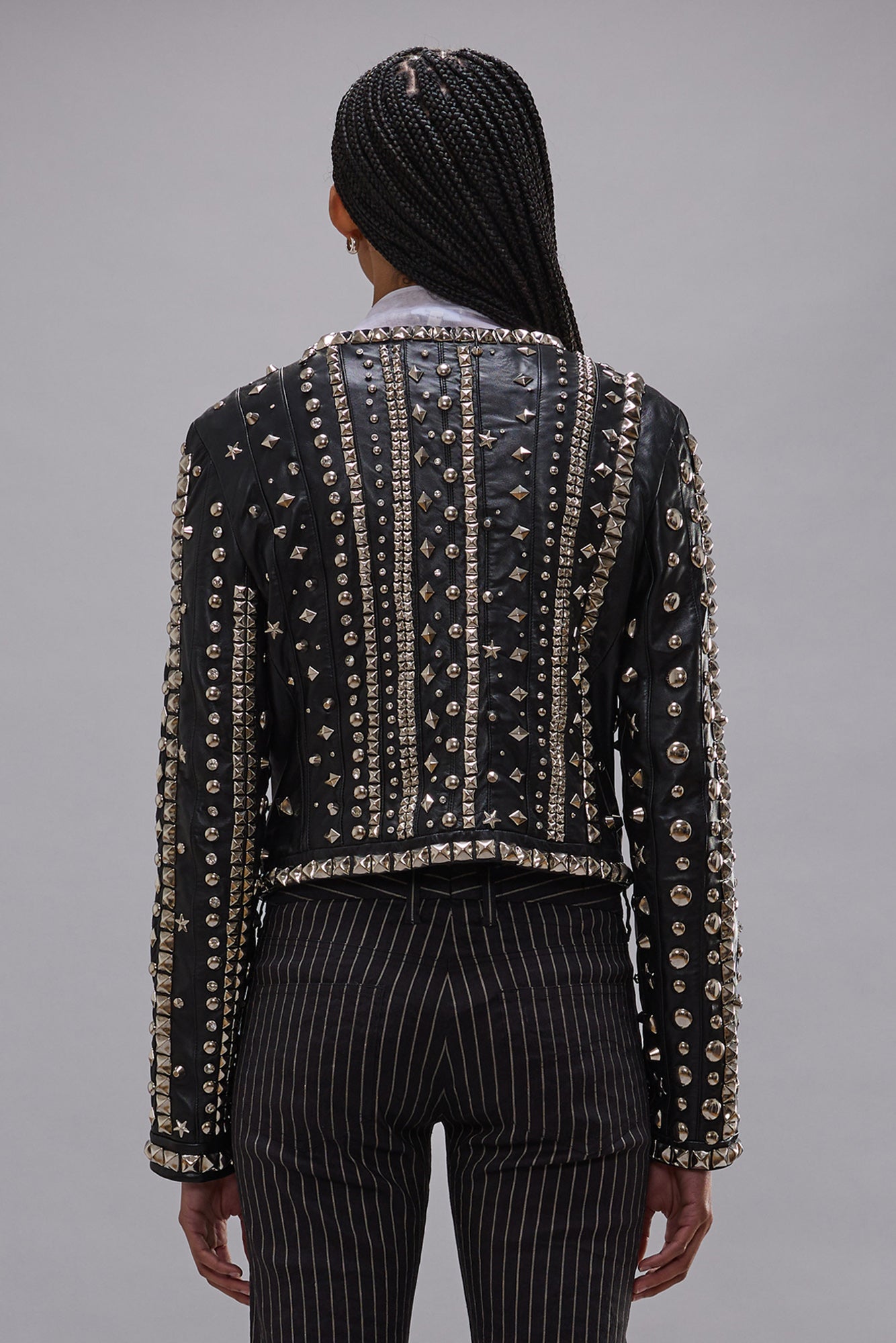 FRONT ZIP CREWNECK LEATHER JACKET - BLACK STRIPS WITH STUDS - R13