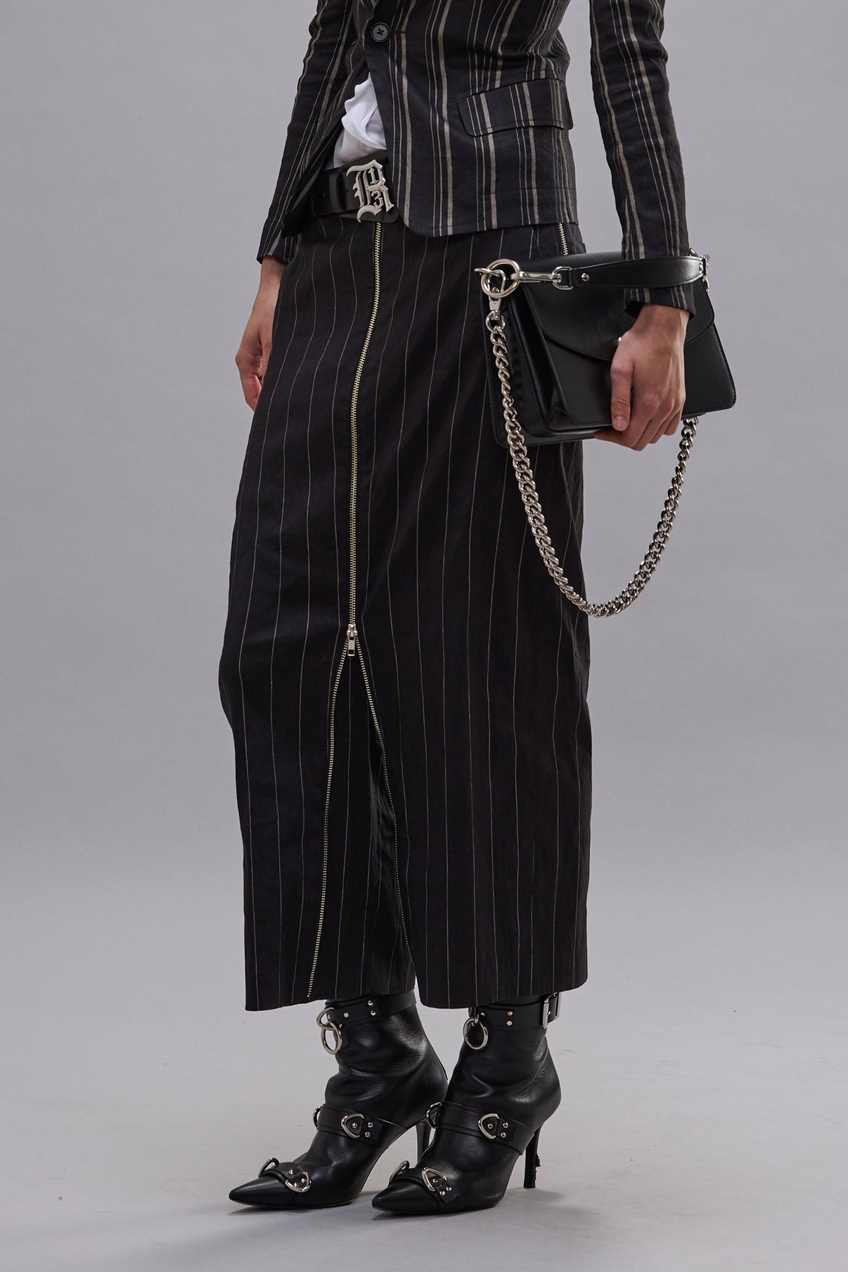 FRONT ZIP TROUSER - BLACK SILVER WIDE PINSTRIPE - R13