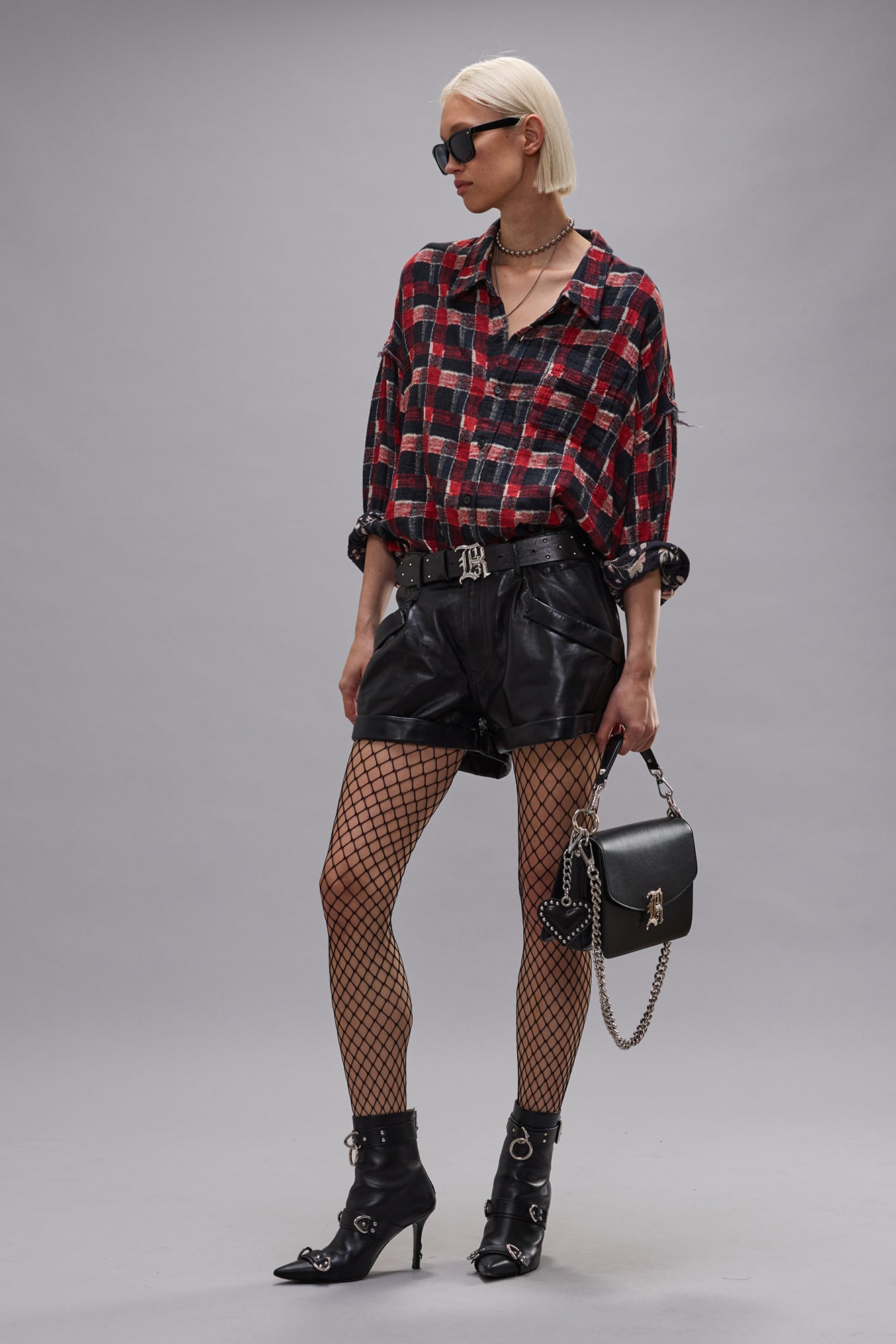 REVERSIBLE SHREDDED SEAM DROP NECK SHIRT - RED BLACK PLAID W CREAM ...