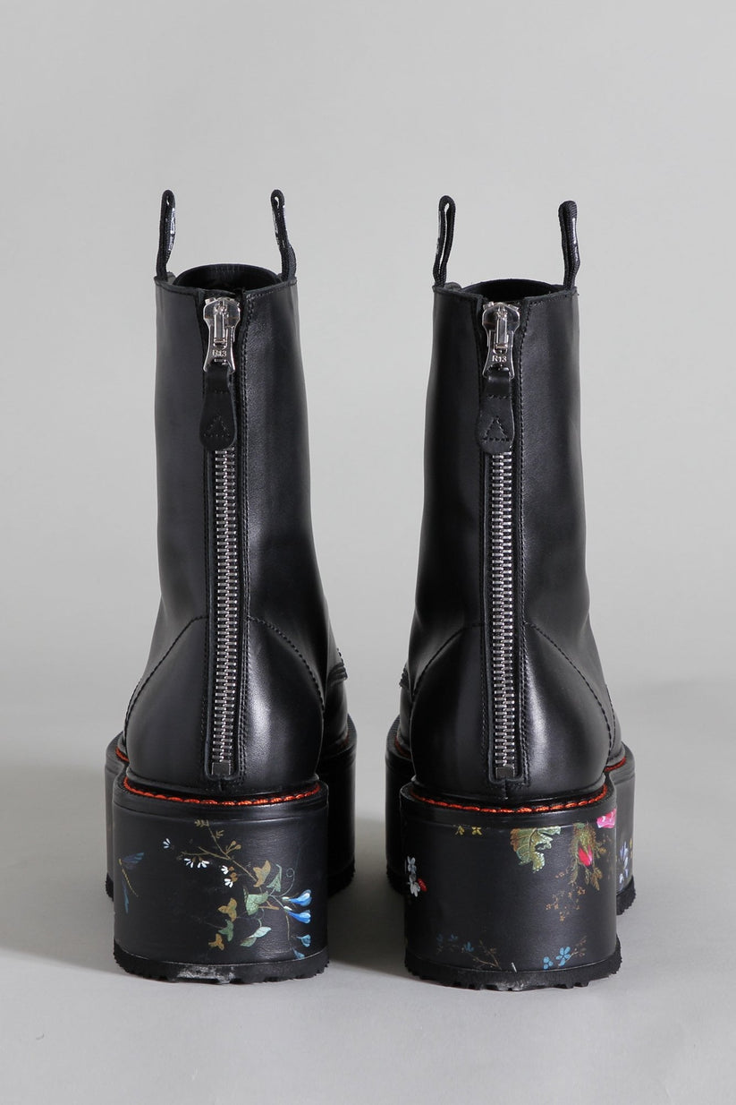 DOUBLE STACK BOOT - BLACK WITH FLORAL PLATFORM - R13 COMBAT BOOTS